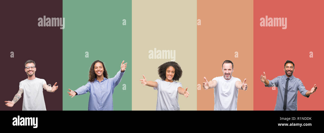 Collage of group of young and senior people over colorful isolated ...