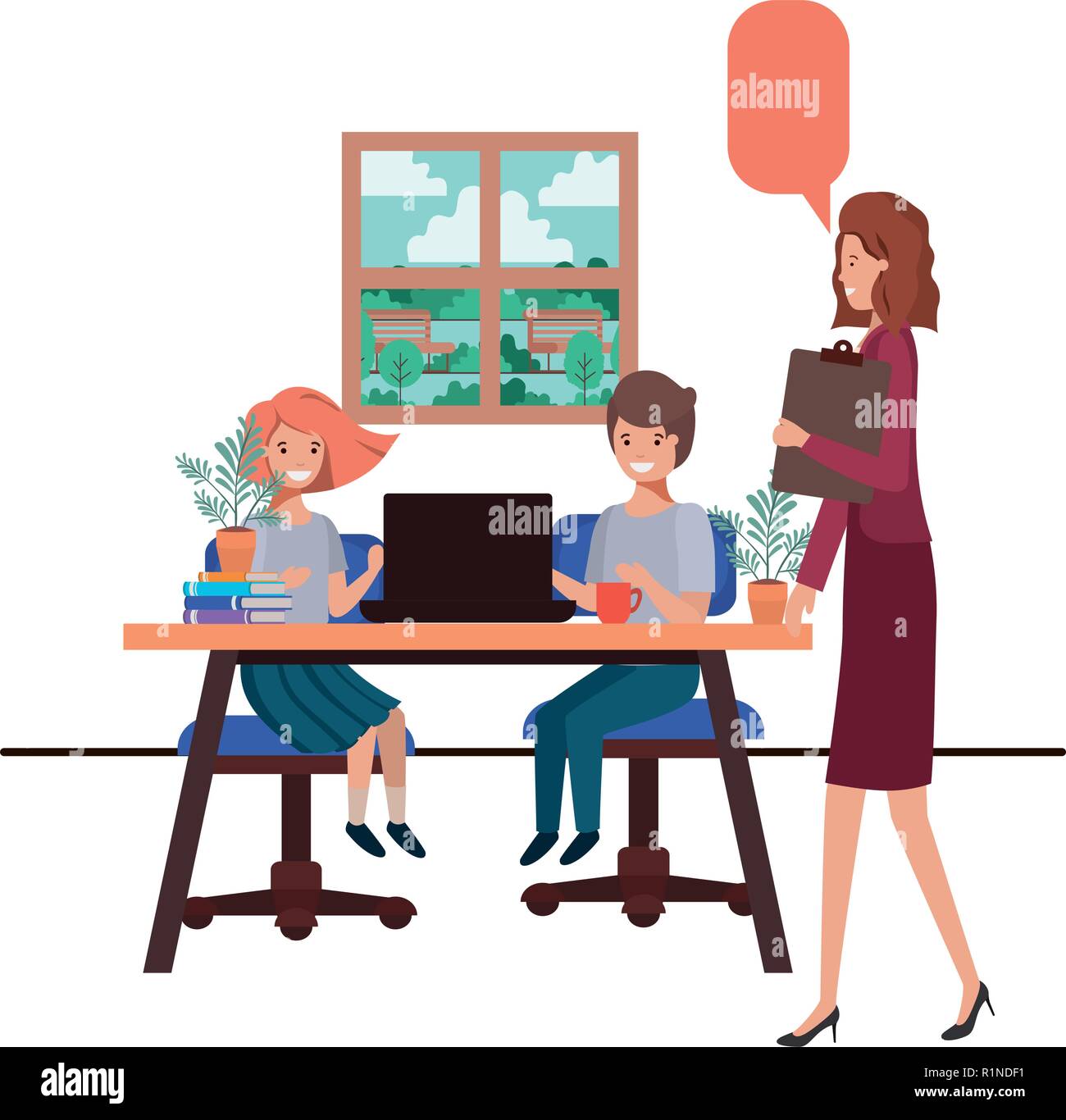 female teacher in the classroom with students and speech bubble Stock ...