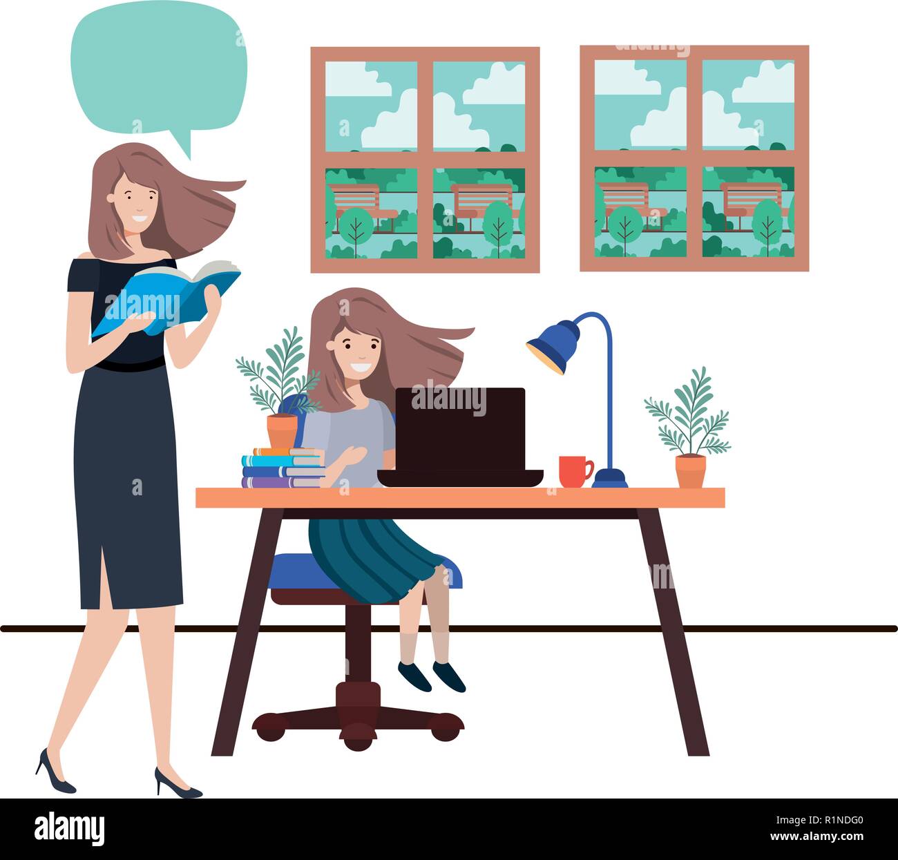 female teacher in the classroom with student and speech bubble Stock ...