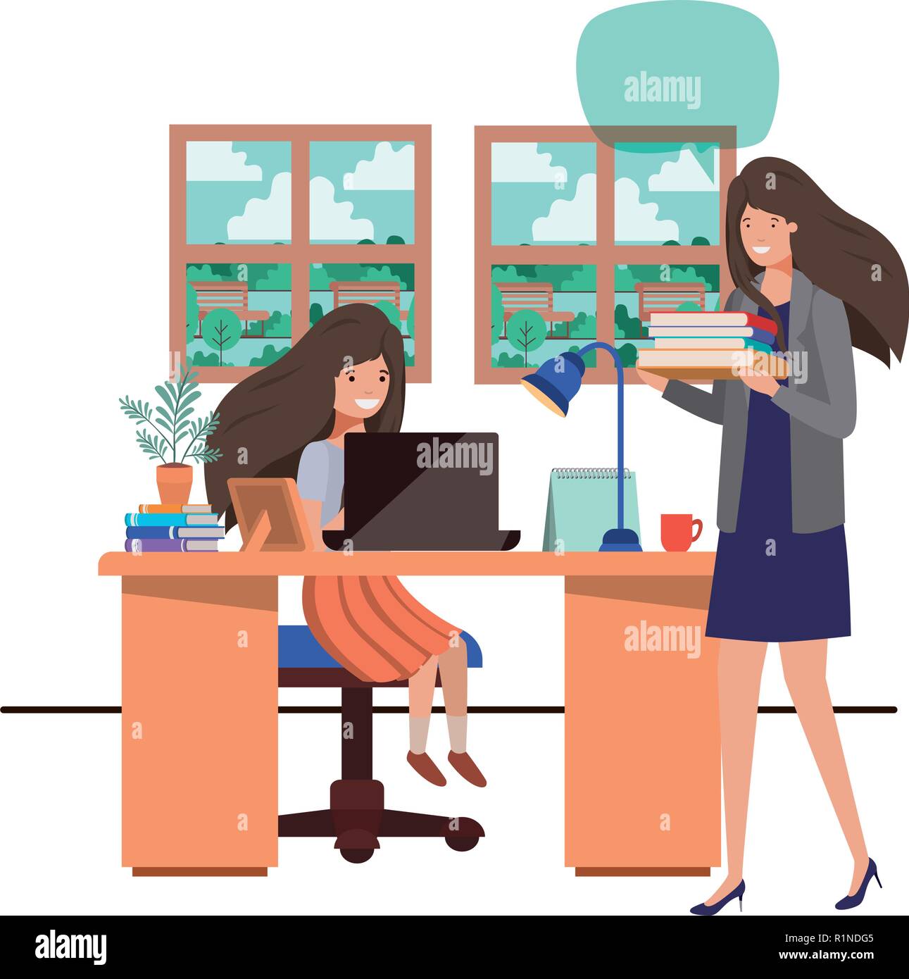 female teacher in the classroom with student and speech bubble Stock ...