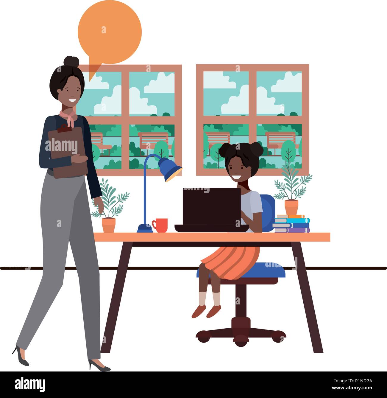 female teacher in the classroom with student and speech bubble Stock ...