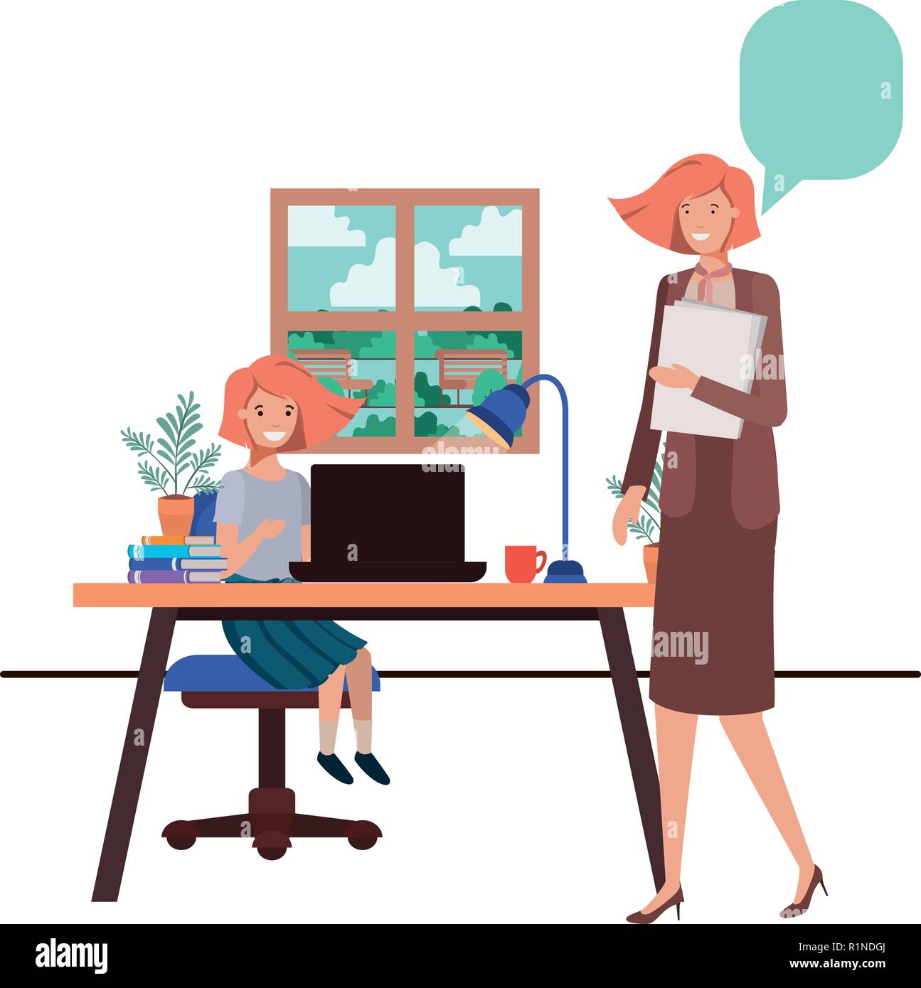 female teacher in the classroom with student and speech bubble Stock ...