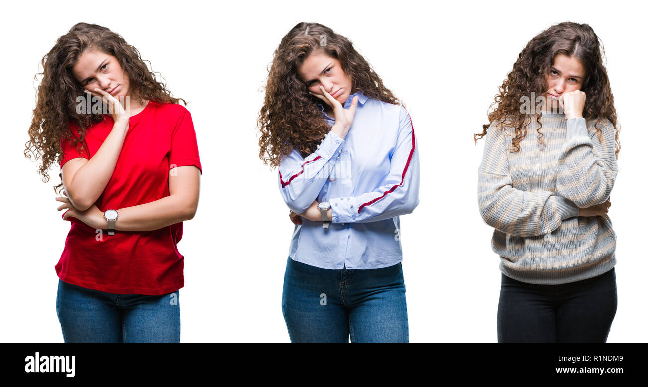 Collage of young brunette curly hair girl over isolated background ...