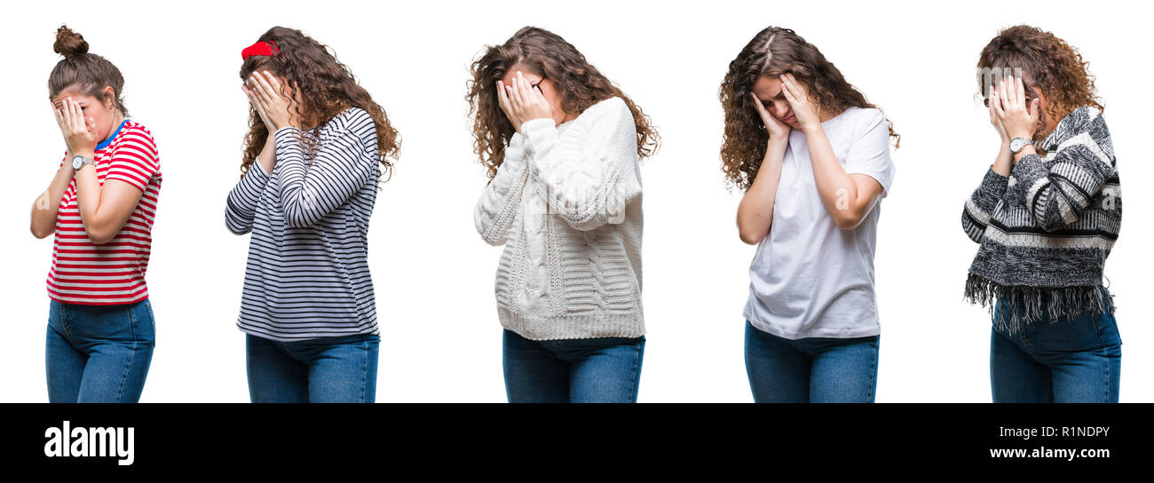 Collage of young brunette curly hair girl over isolated background with ...
