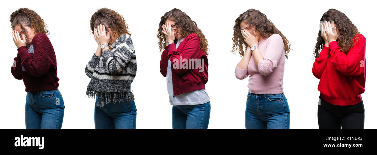 Collage of young brunette curly hair girl over isolated background with ...