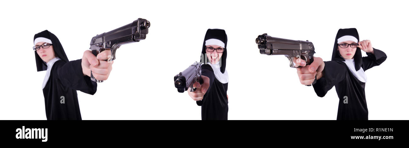 Nun with gun isolated on the white Stock Photo - Alamy