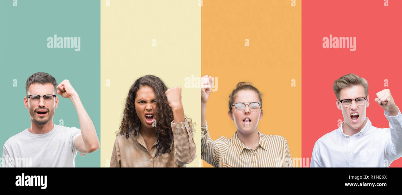 Collage of a group of people isolated over colorful background angry ...
