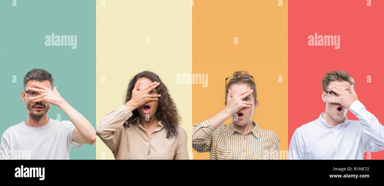Collage of a group of people isolated over colorful background peeking ...