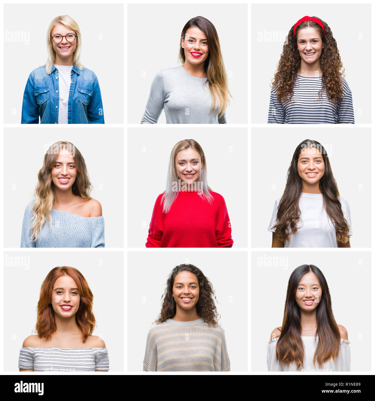 Collage of young beautiful women over isolated background with a happy ...