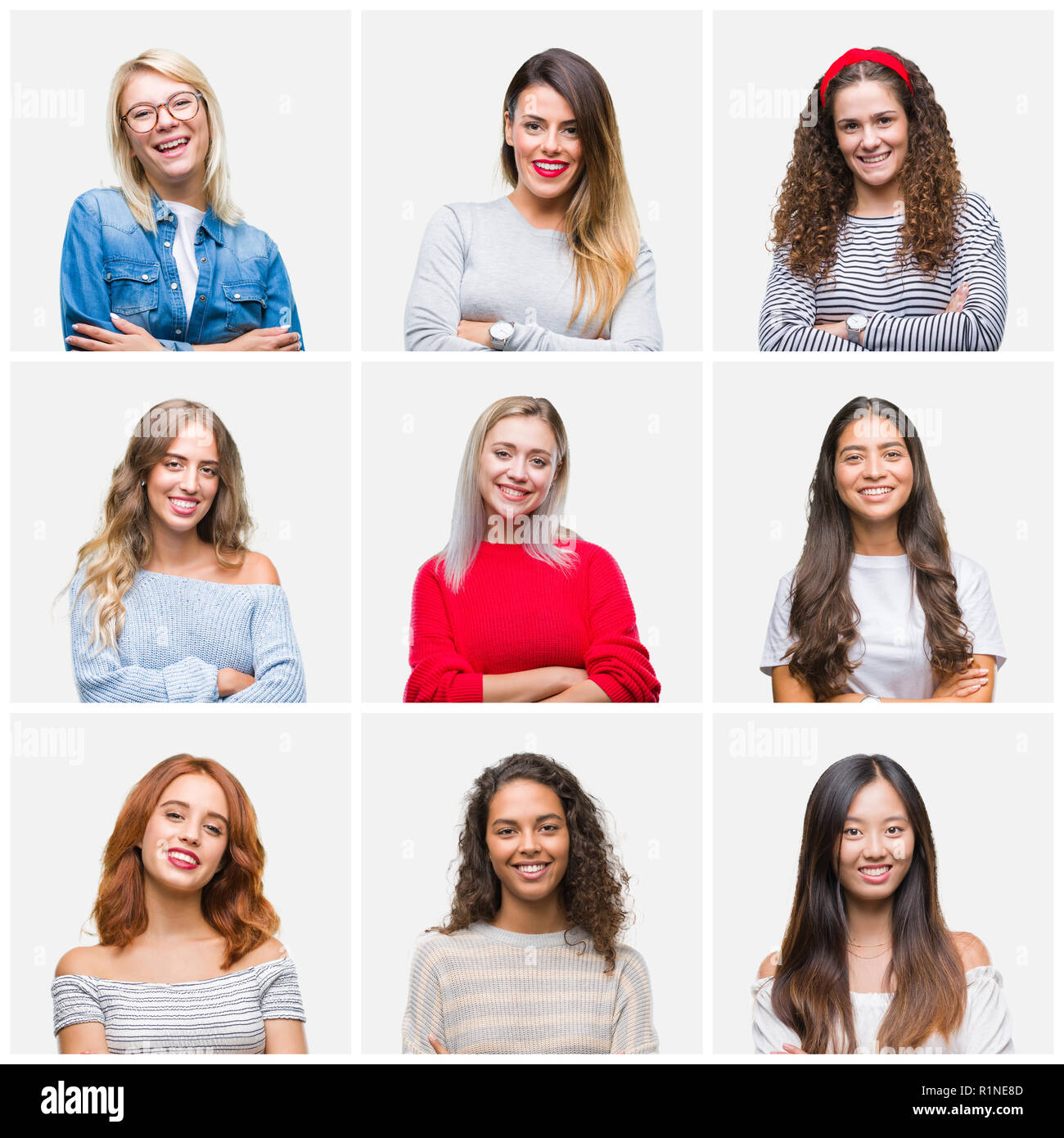 Collage of young beautiful women over isolated background happy face ...