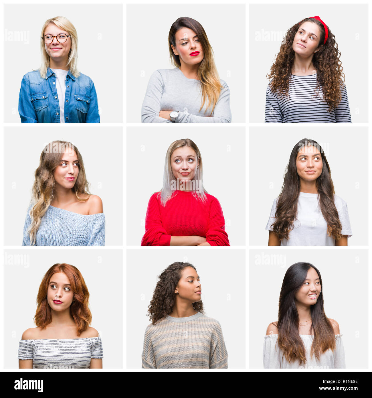 Collage of young beautiful women over isolated background smiling ...