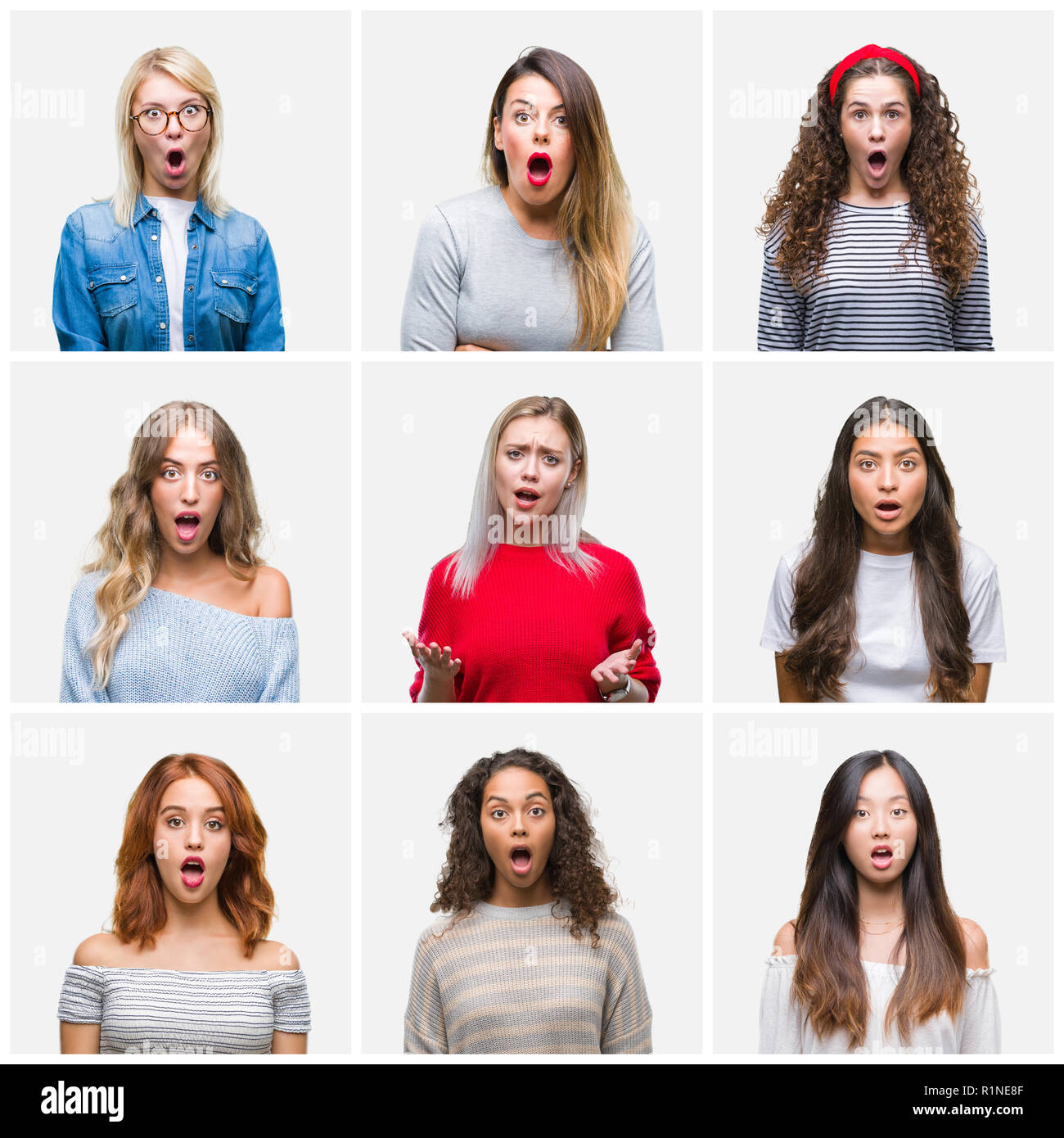 Collage of young beautiful women over isolated background afraid and ...