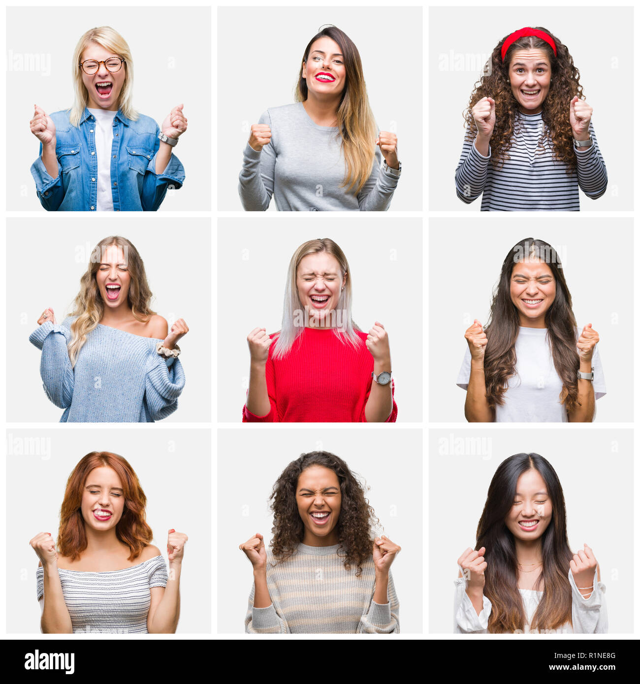 Collage of young beautiful women over isolated background excited for ...