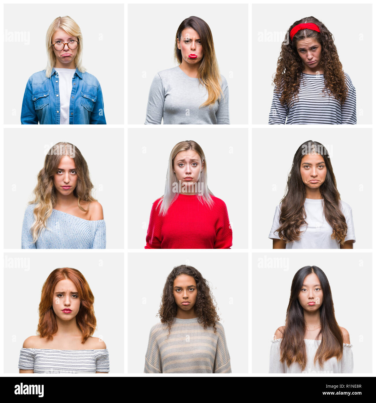 Collage of young beautiful women over isolated background depressed and ...