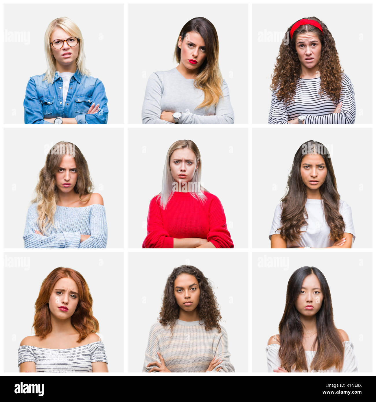 Collage of young beautiful women over isolated background skeptic and ...