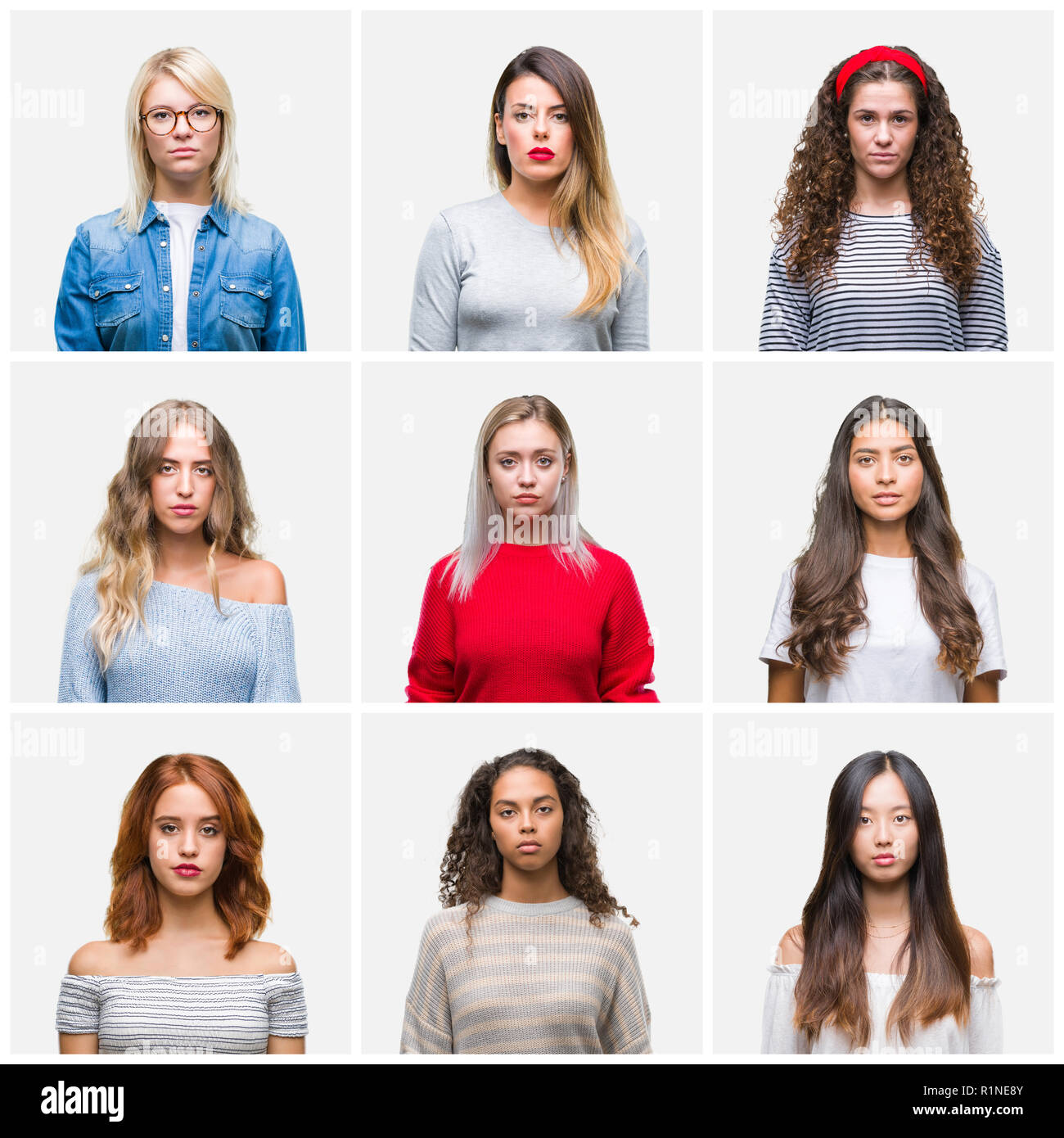 Collage of young beautiful women over isolated background with serious ...