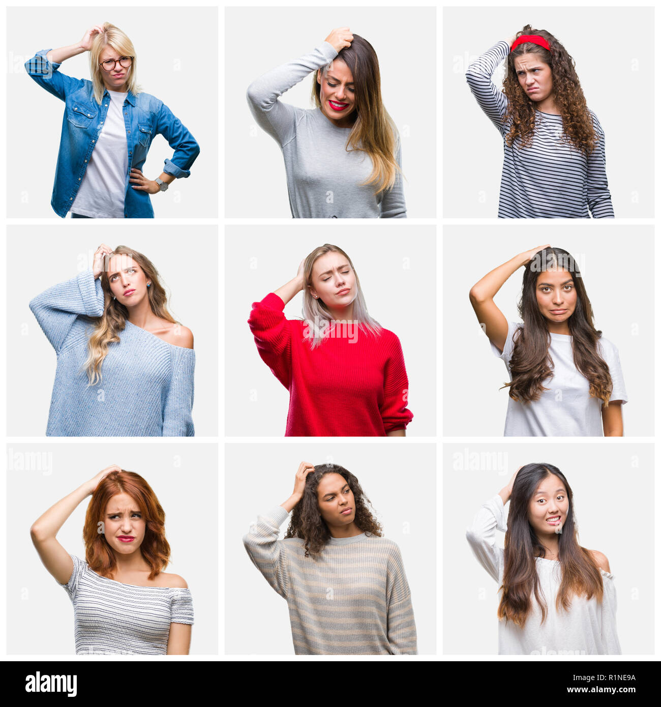 Collage of young beautiful women over isolated background confuse and ...