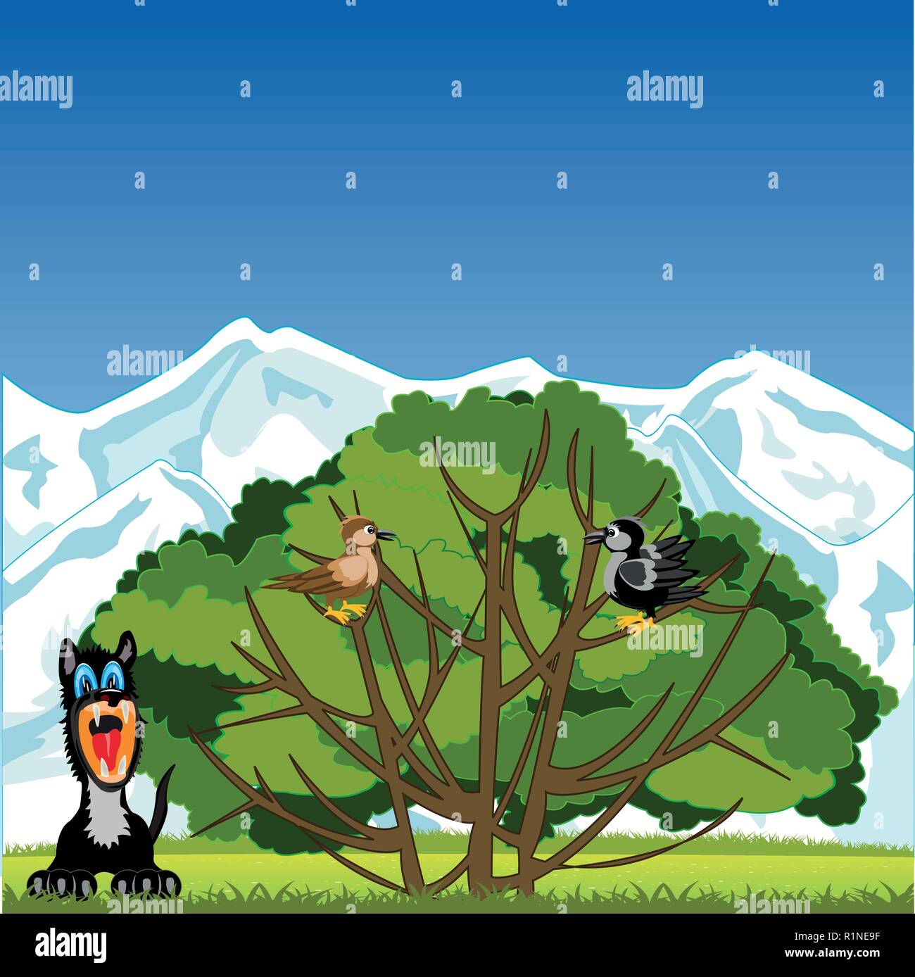 Green tree with birds on branches vector Stock Vector Images - Alamy