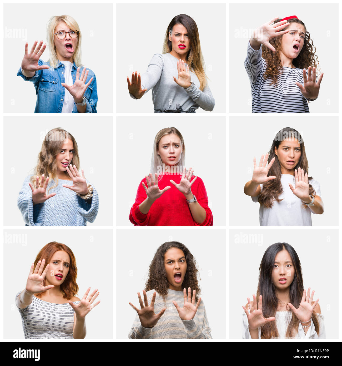 Collage of young beautiful women over isolated background afraid and ...