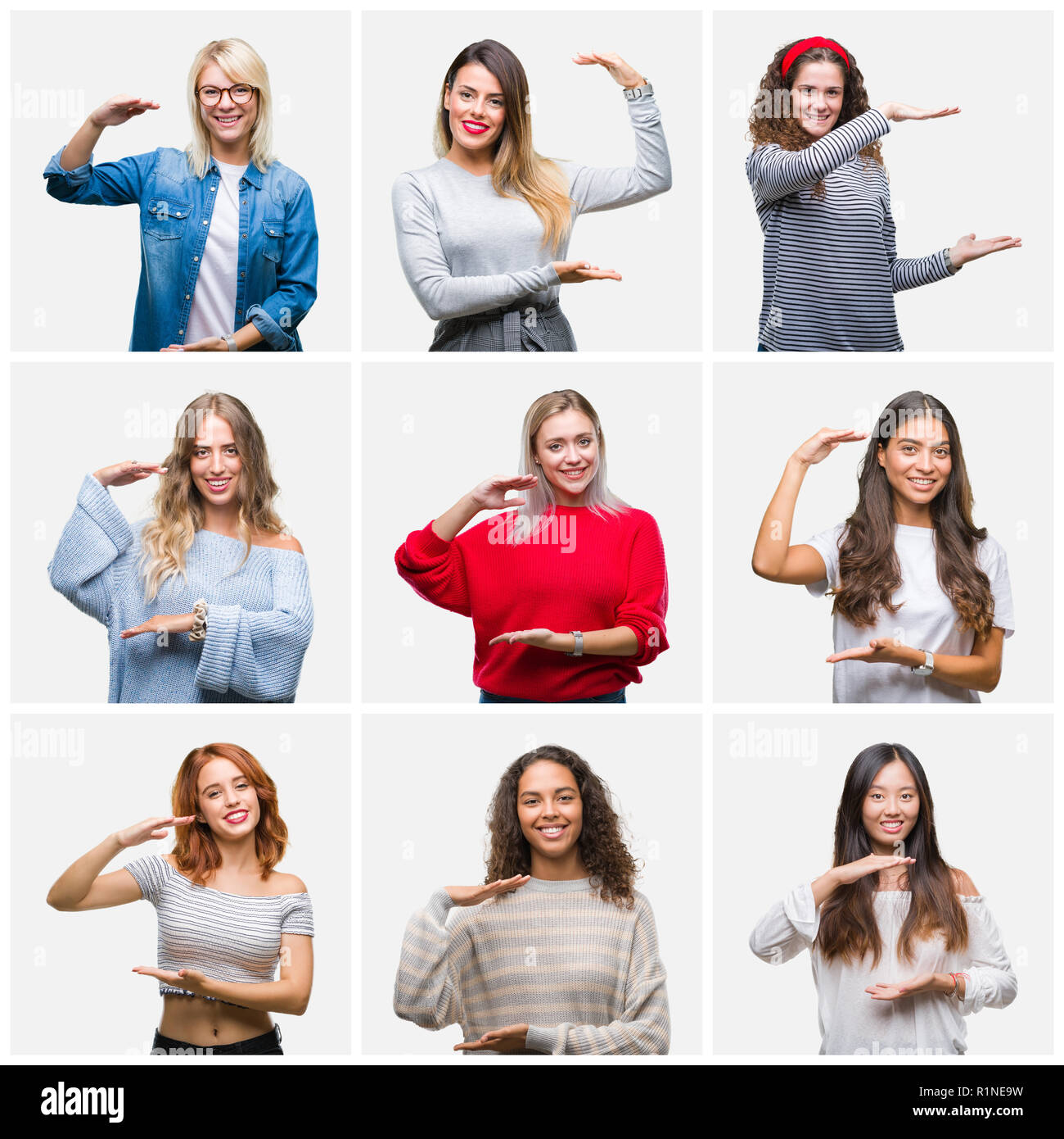 Collage of young beautiful women over isolated background gesturing ...