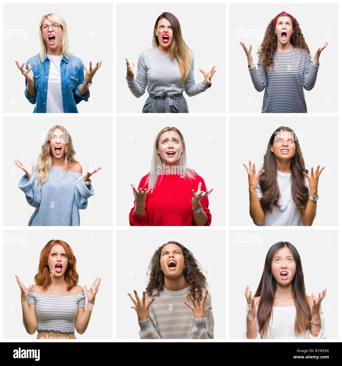 Collage of young beautiful women over isolated background crazy and mad ...