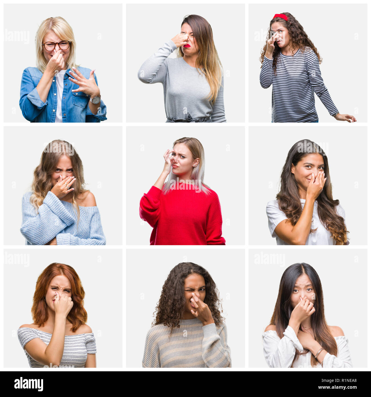 Collage Of Young Beautiful Women Over Isolated Background Smelling