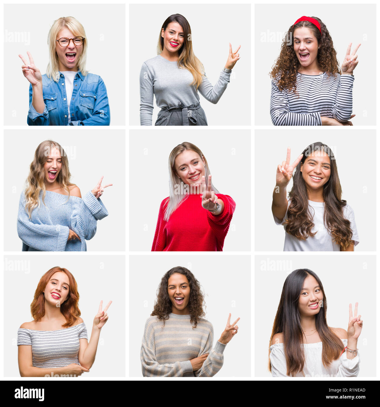 Collage of young beautiful women over isolated background smiling with ...