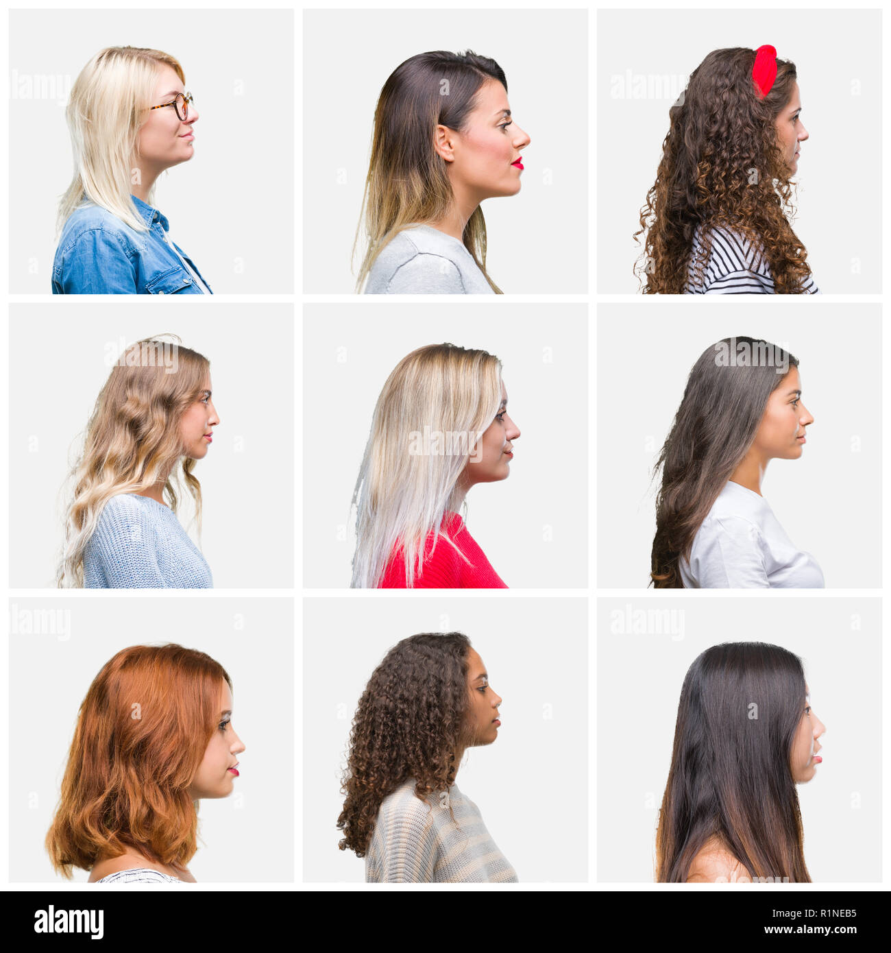 Collage of young beautiful women over isolated background looking to ...