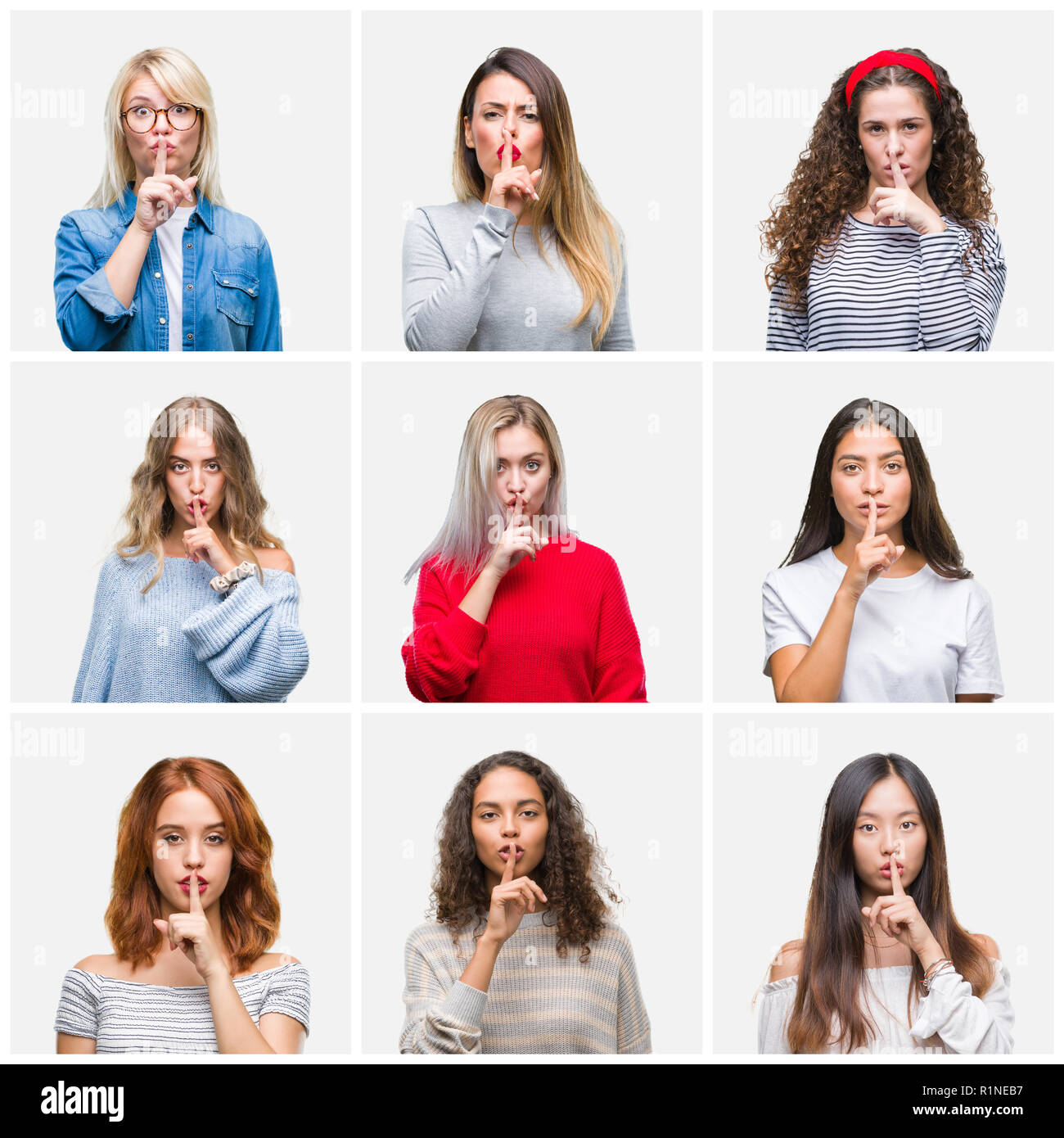 Collage of young beautiful women over isolated background asking to be ...