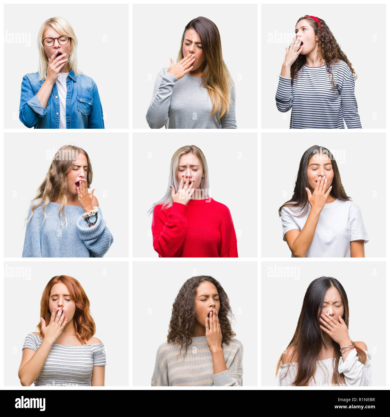 Collage of young beautiful women over isolated background bored yawning ...