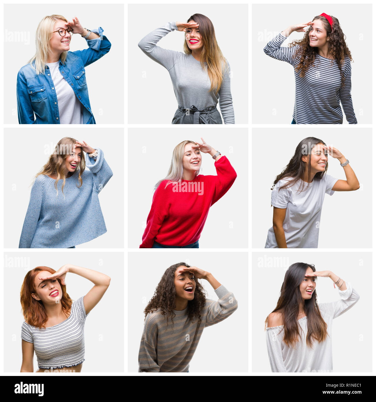 Collage of young beautiful women over isolated background very happy ...