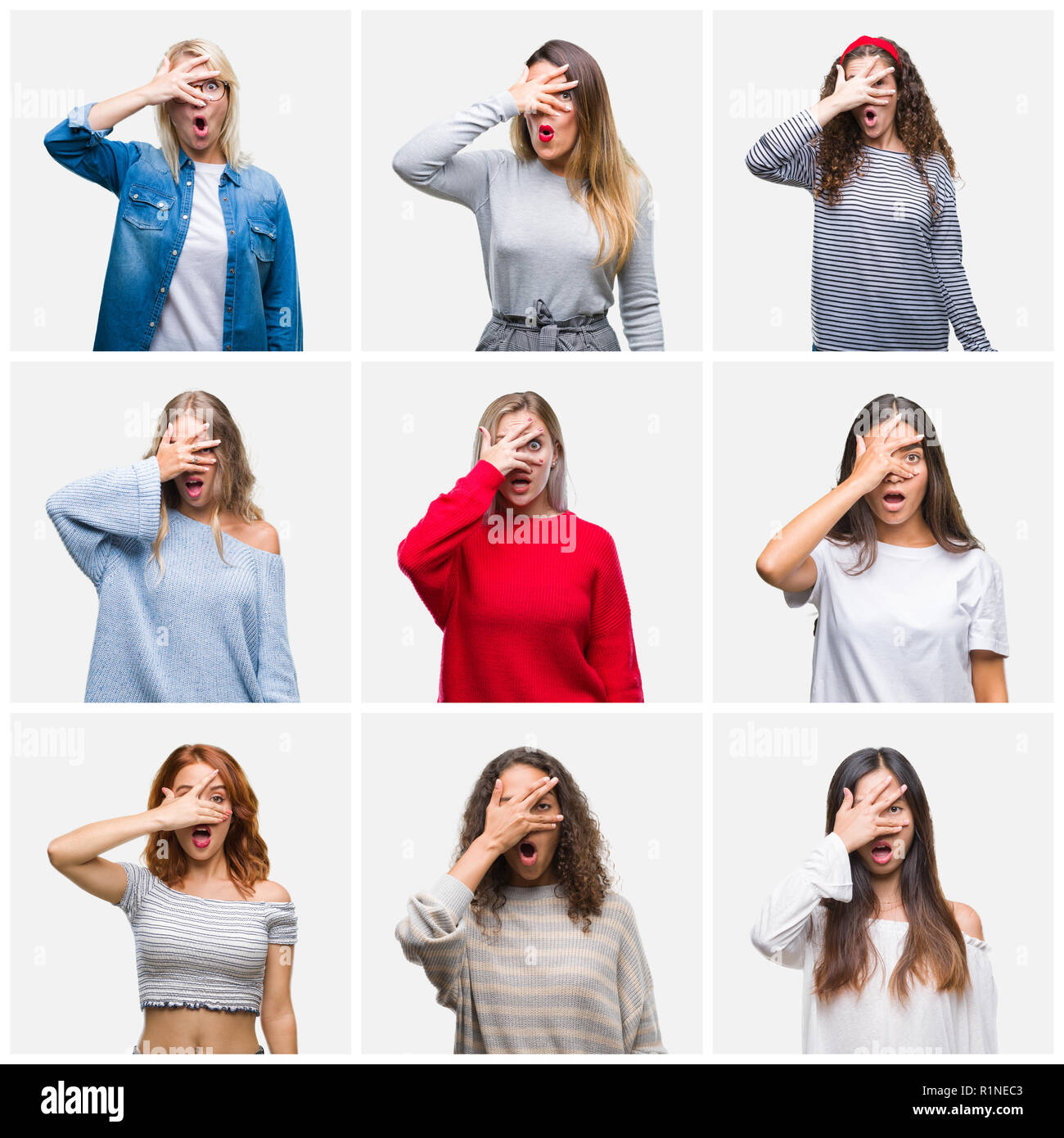 Collage of young beautiful women over isolated background peeking in ...