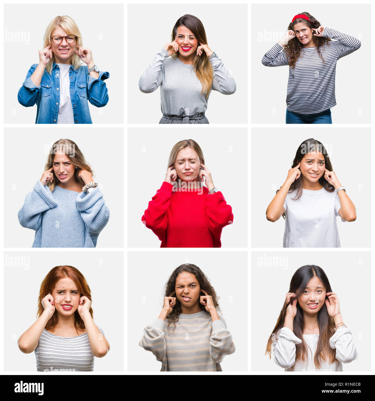 Collage of young beautiful women over isolated background covering ears ...