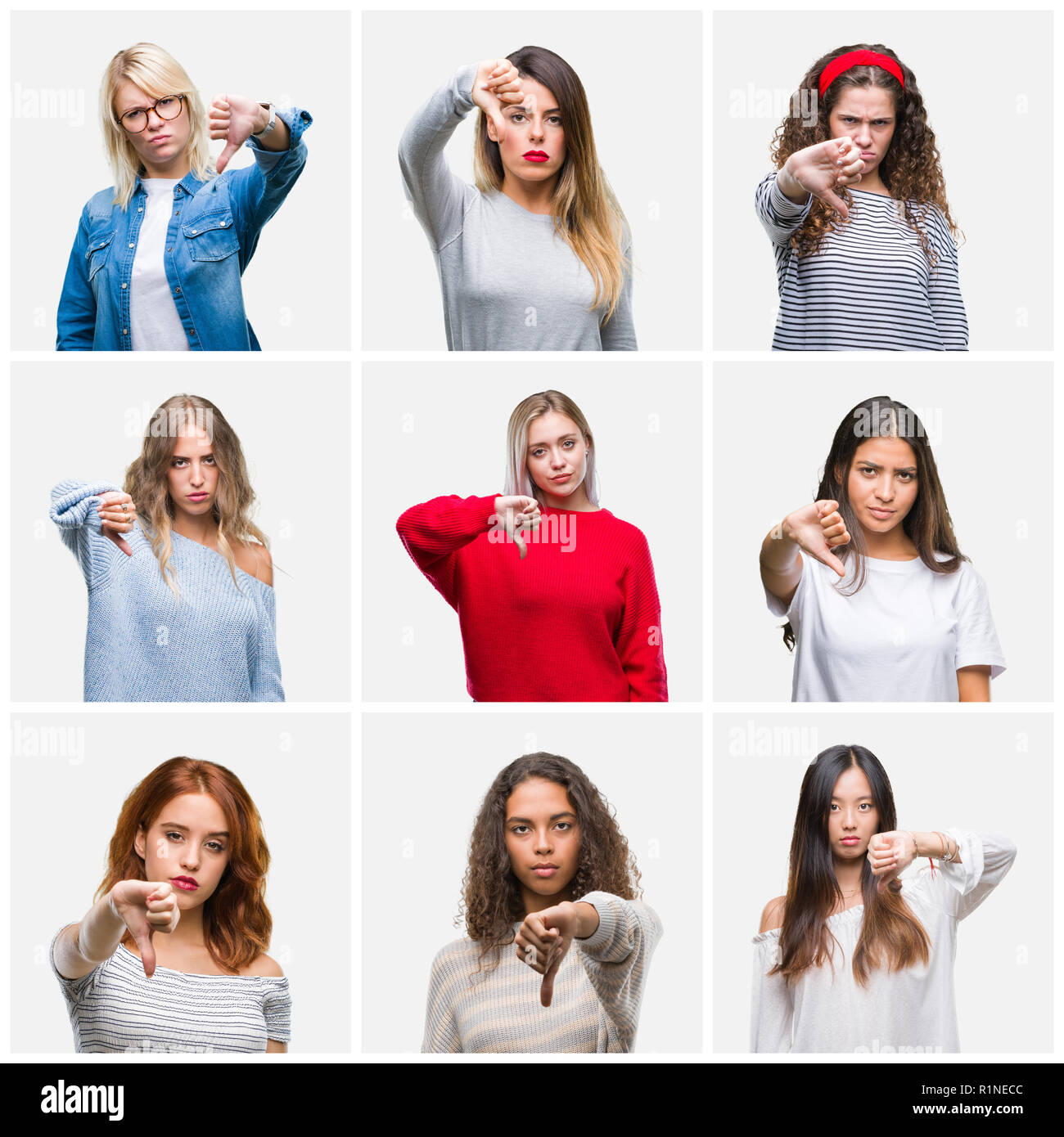 Collage of young beautiful women over isolated background looking ...