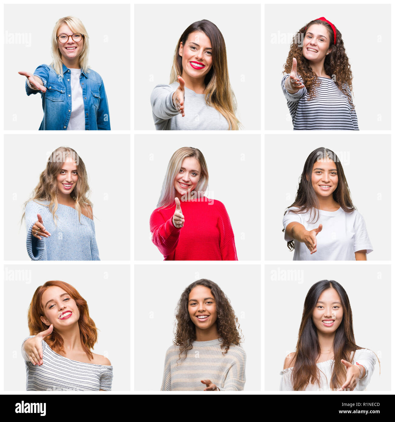 Collage of young beautiful women over isolated background smiling ...