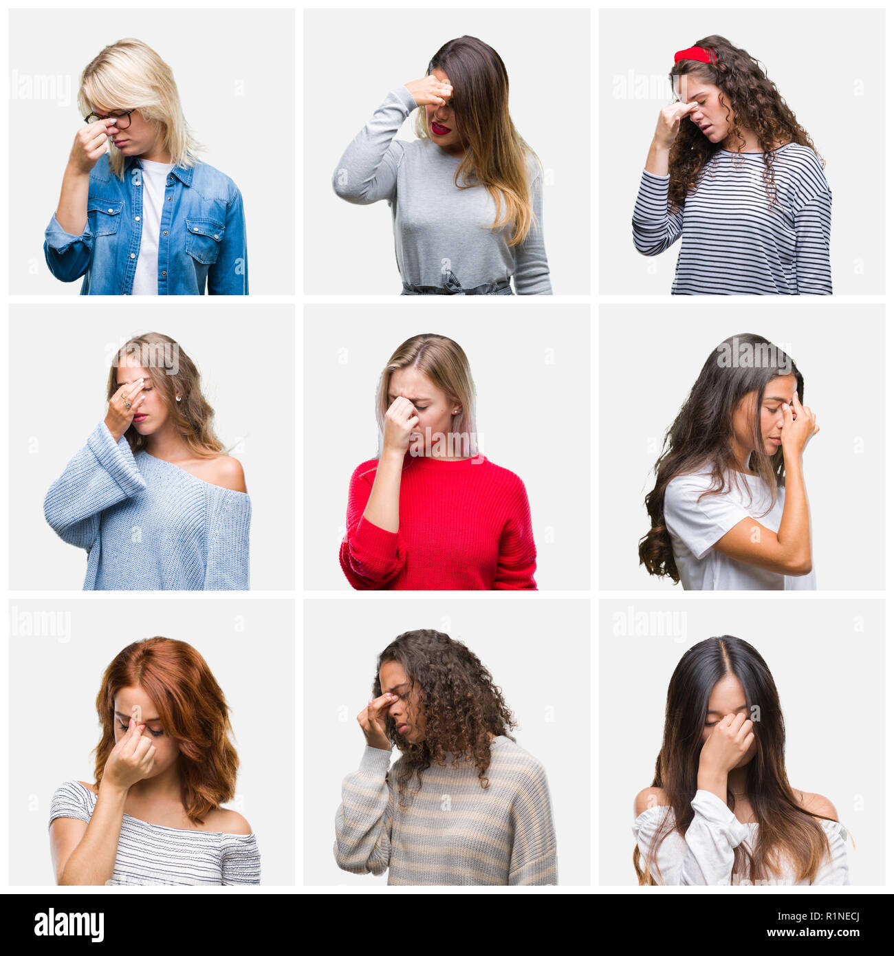 Collage of young beautiful women over isolated background tired rubbing ...