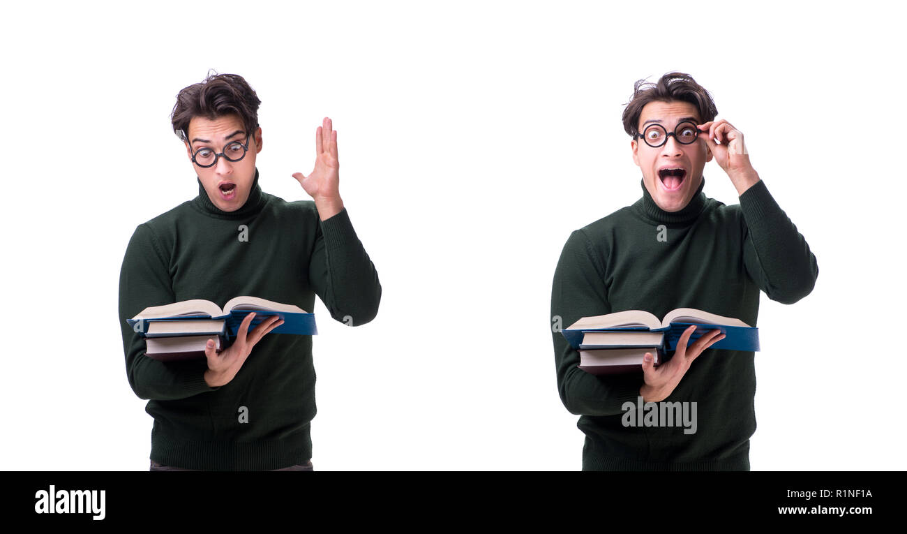 Nerd young student with books isolated on white Stock Photo - Alamy
