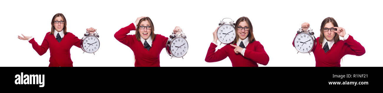 Office worker holding alarm clock isolated on white Stock Photo - Alamy
