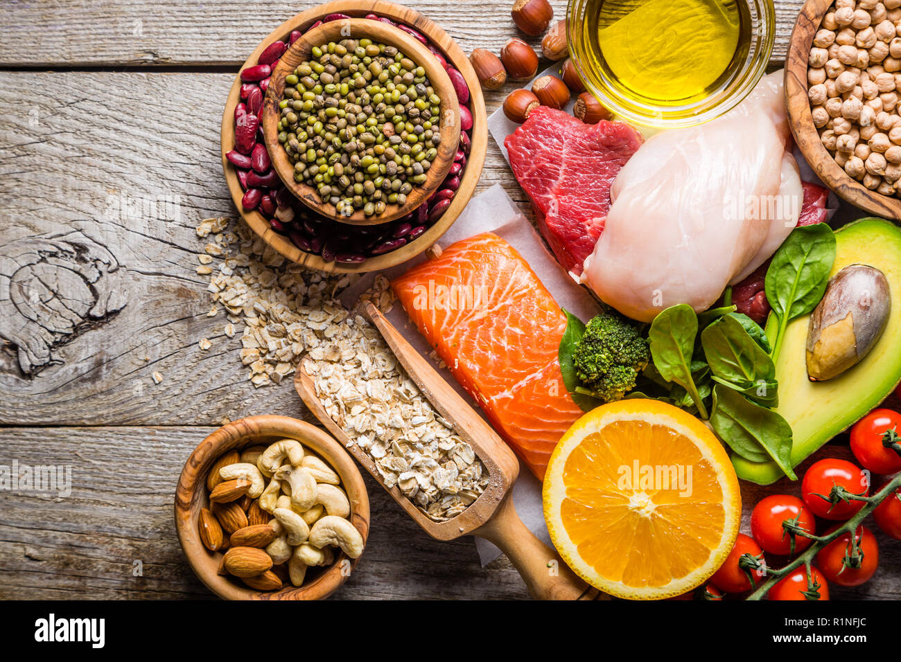 Selection of food that is good for the health and skin, rustic wood ...