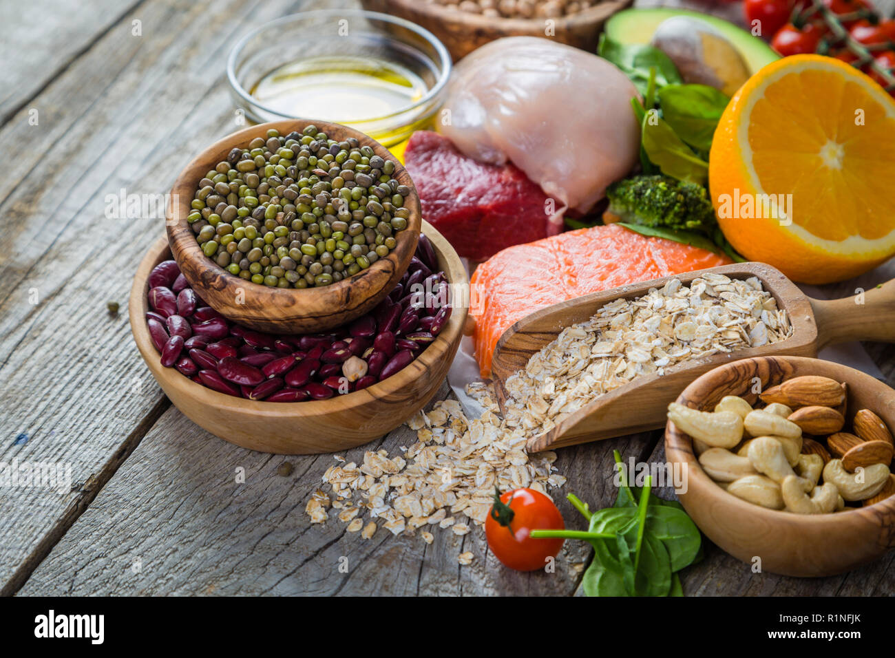 Selection of food that is good for the health and skin, rustic wood ...