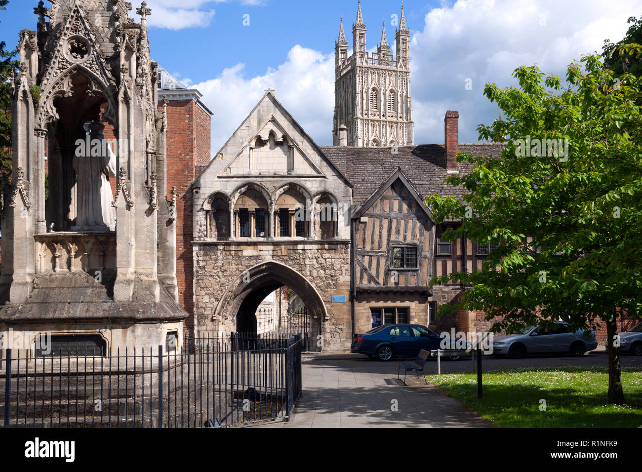 Historic architecture of St Marys Gate near Gloucester Cathedral, UK ...