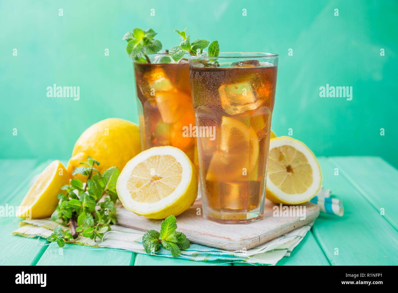 Iced tea in glasses, summer background copy space Stock Photo - Alamy