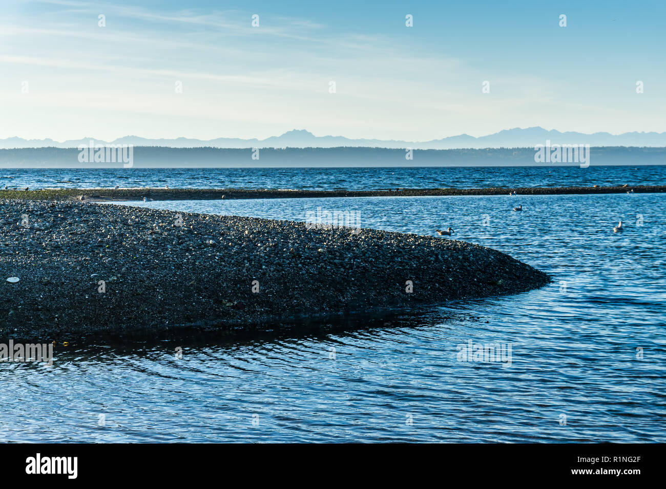 A view of a tide pool with mountains in the distance in the Pacific ...