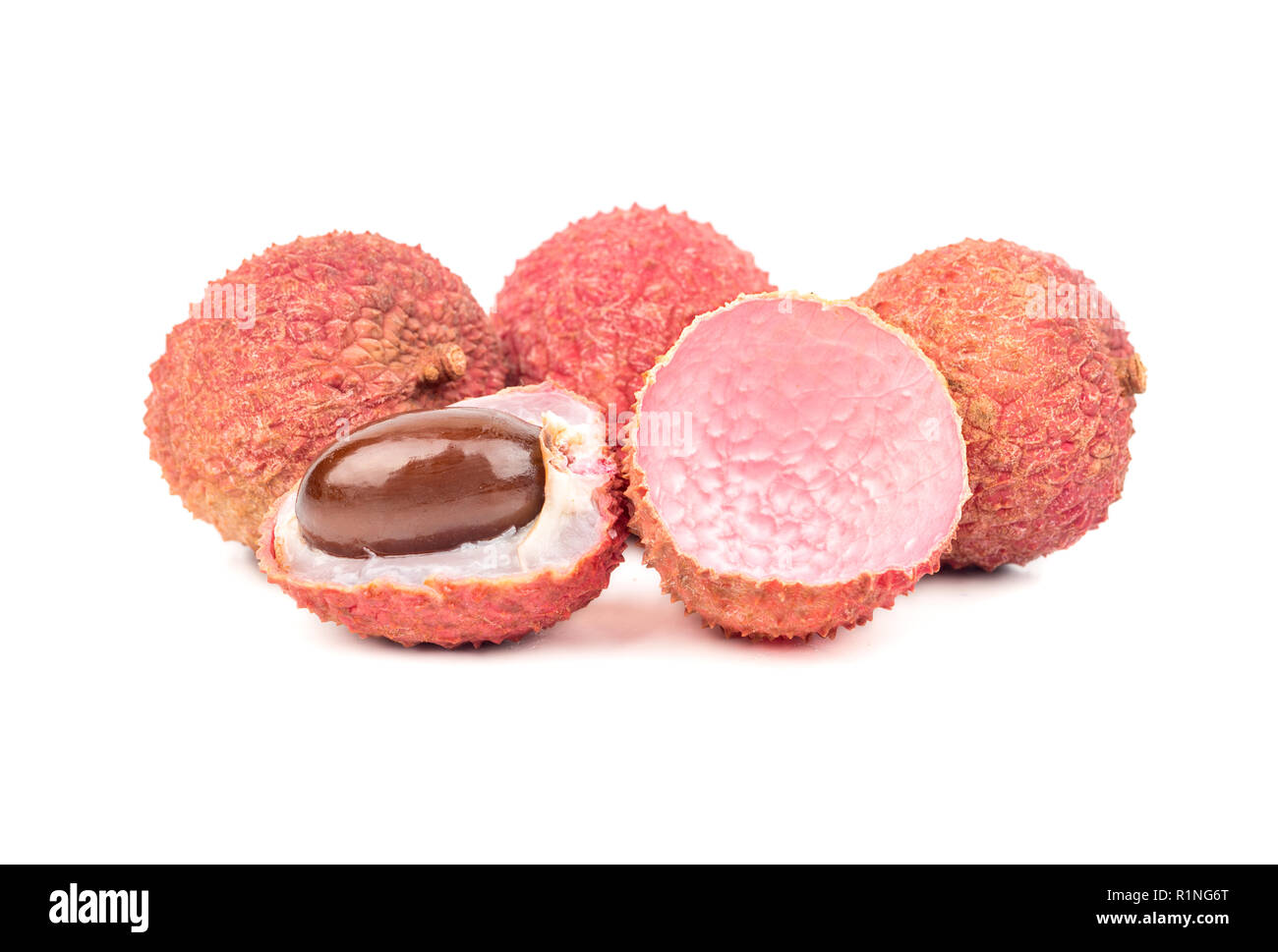 Chinese lychee fruit with two halves on white background Stock Photo ...