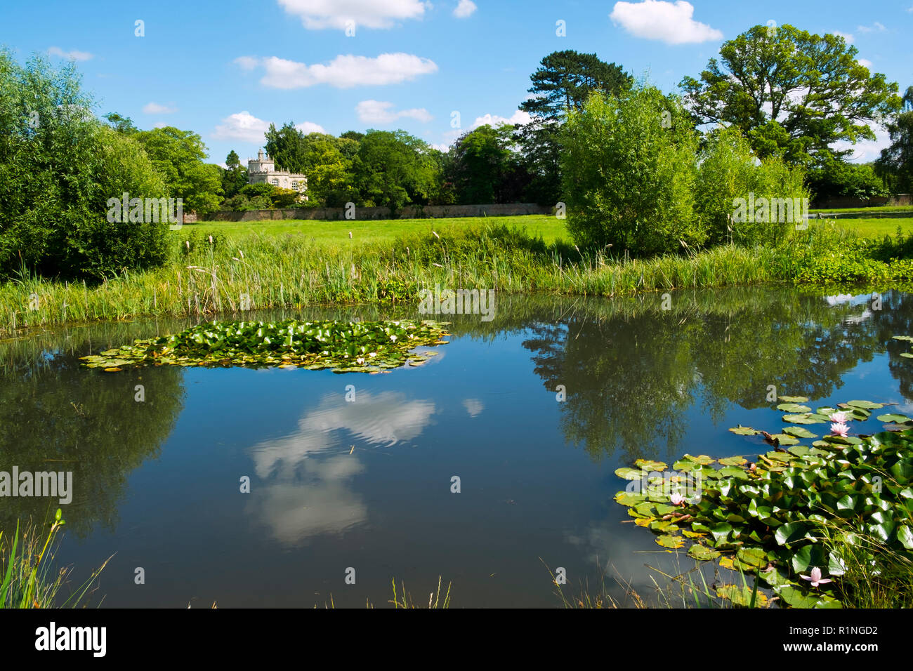 Summer sunshine on the picturesque village green and ponds at Frampton ...