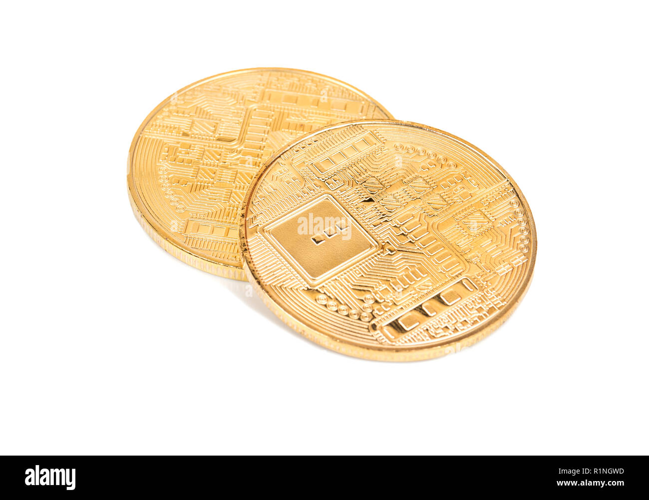 Two gold coins bitcoins on a white background Stock Photo - Alamy