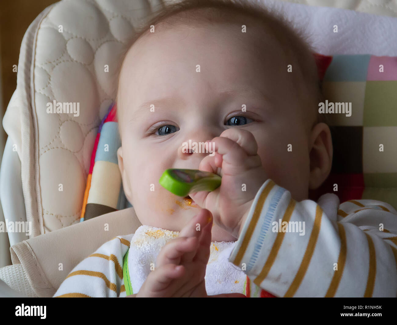 The first feeding of the baby from the spoon. Mom feeds baby ...