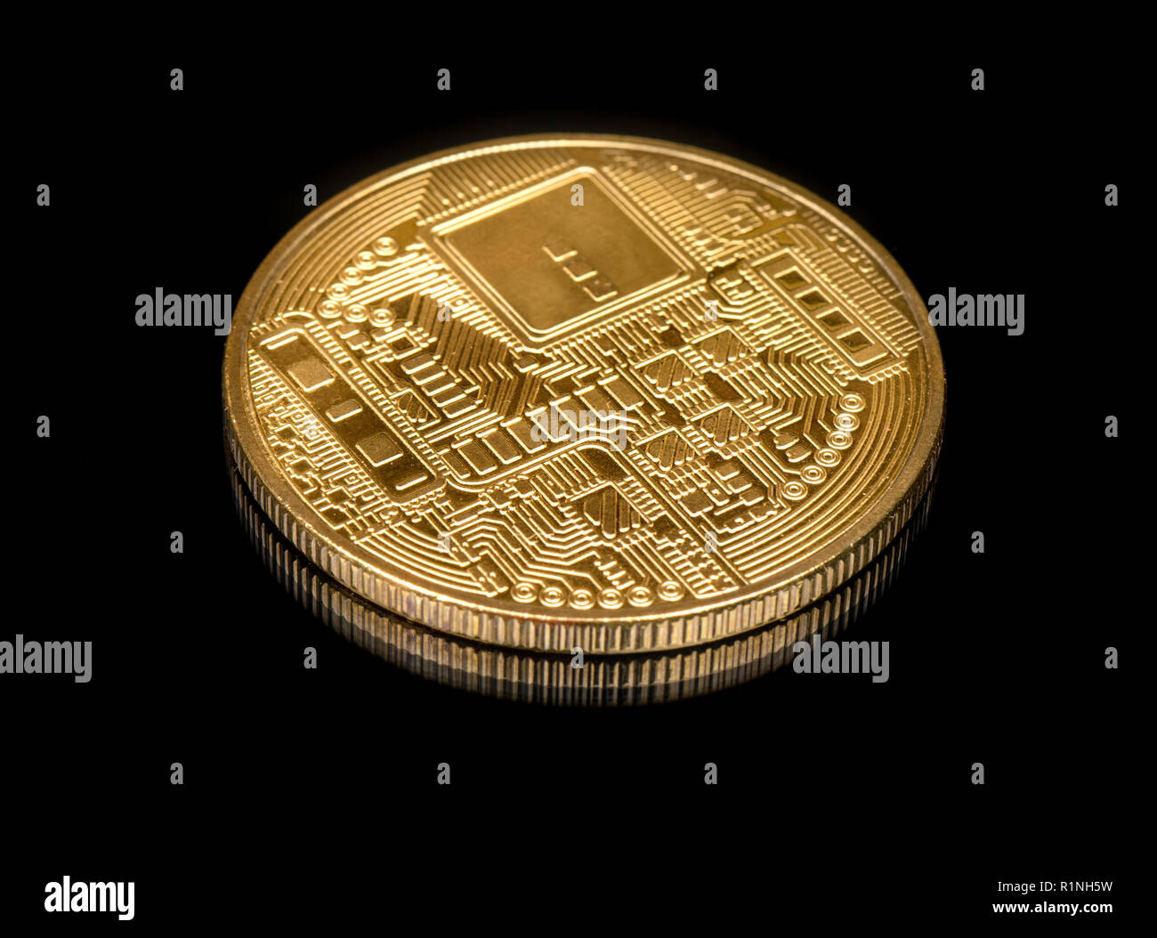 Back side of the Golden coin bitcoin on black background Stock Photo ...