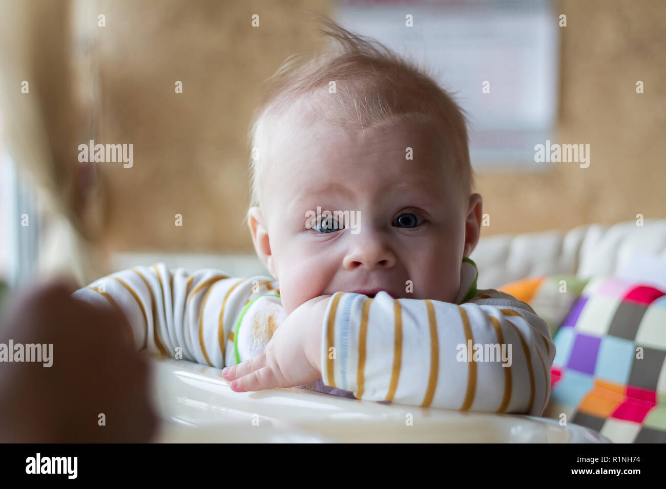 The first feeding of the baby from the spoon. Mom feeds baby ...