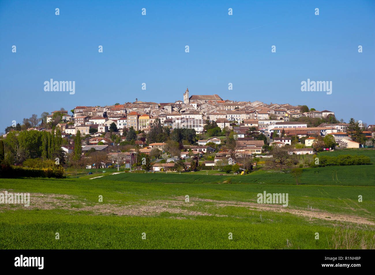 View of historic Monflanquin, Lot-et-Garonne, France. The hilltop ...